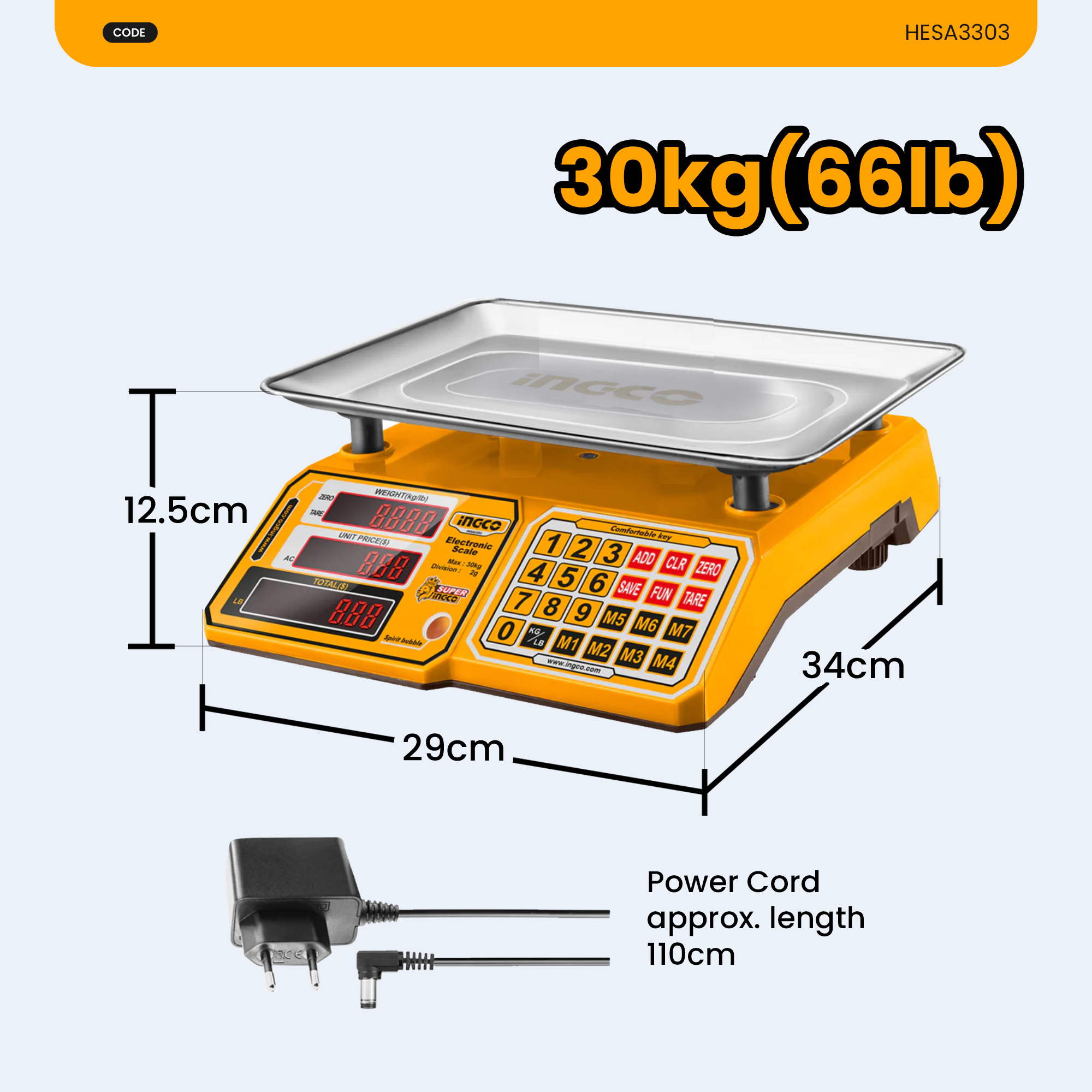 Ingco 30kg Electronic Scale 330x240mm with 2g Graduation, LED Screen ...