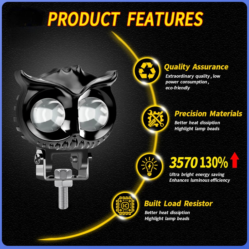 Motohelix Owl Mdl Mini Driving Light Motorcycle Dual Color High Low Beam White Yellow 12000LM ...