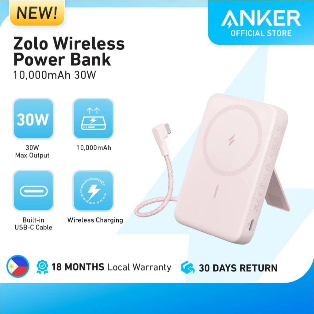 Anker Zolo Wireless Power Bank 10,000mAh 30W with Built-in USB-C Cable ...