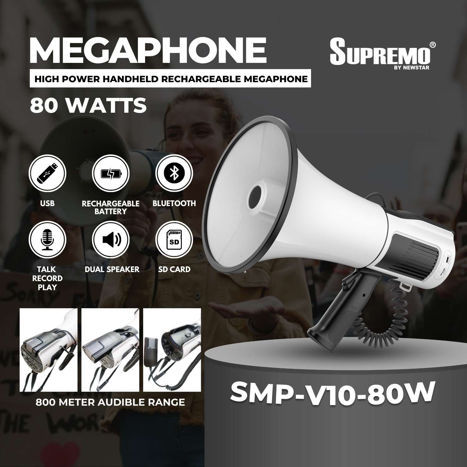 Supremo High Power Handheld Rechargeable Megaphone 7.4V 80Watts SMP-V10 ...