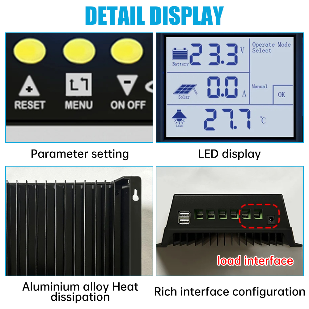 MPPT Solar Controller 30A/ 60A/80A/100A 12V 24V 36V 48V With LCD Screen AUTO Battery Charger ...