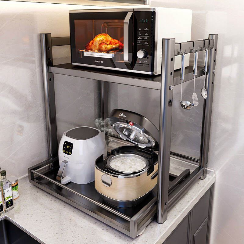 Kitchen Microwave Rack Rice Cooker Storage Rack 2 Tiers Oven Stand Pull ...