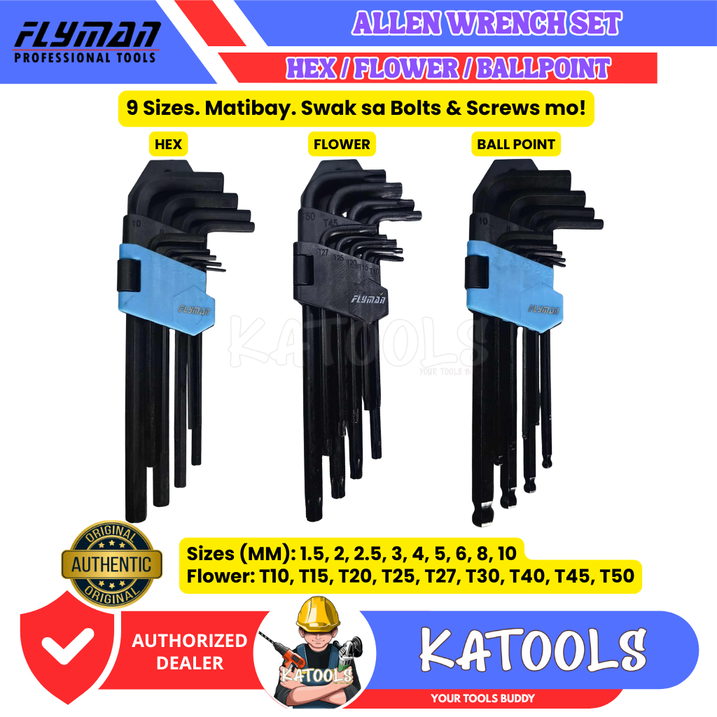 KATOOLS - FLYMAN Allen Key Wrench 9pcs Long 7 Inch Set (HEX, BALLPOINT ...