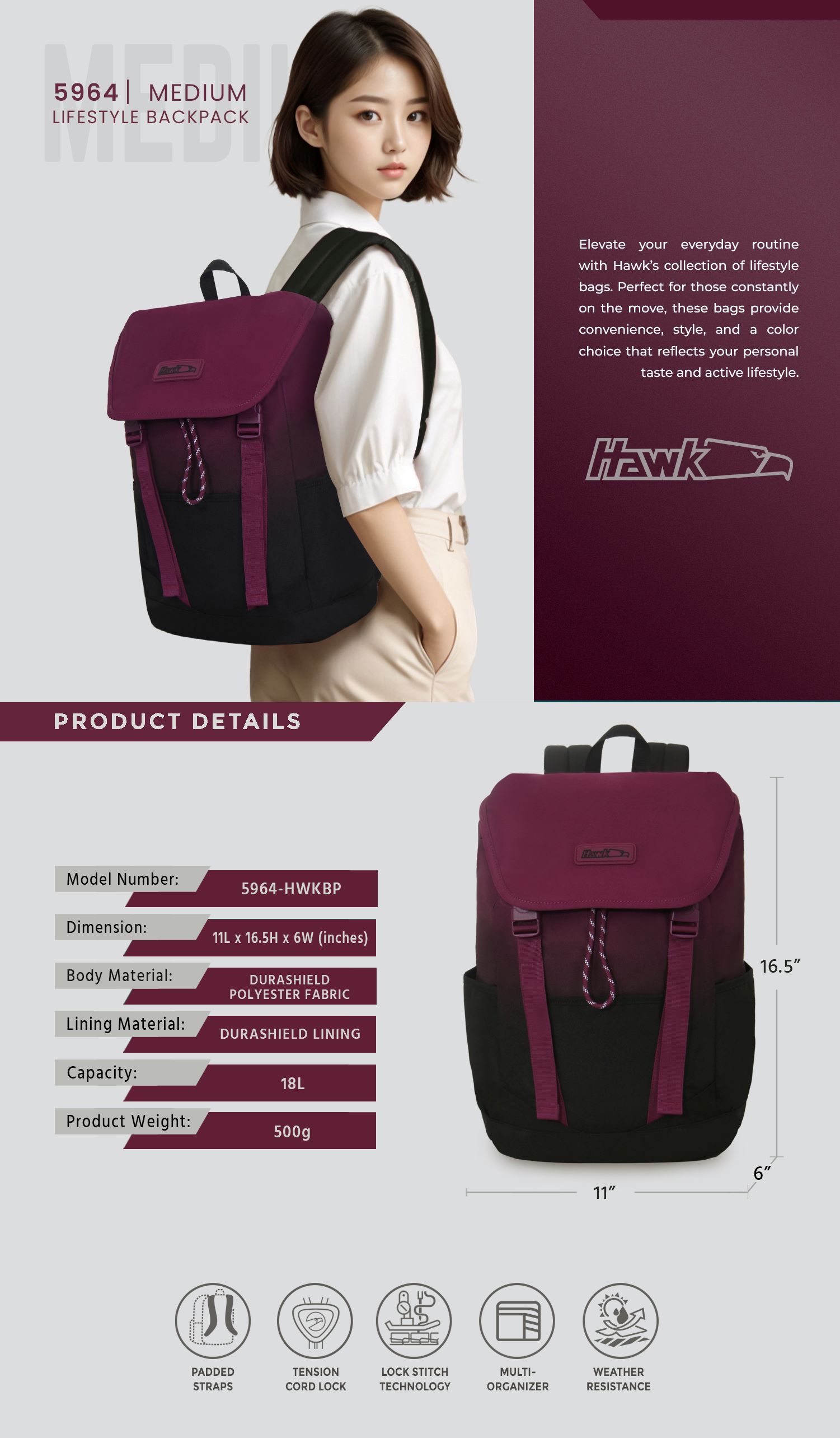 Hawk 5964 MEDIUM Gradient Lifestyle Backpack | Shopee Philippines