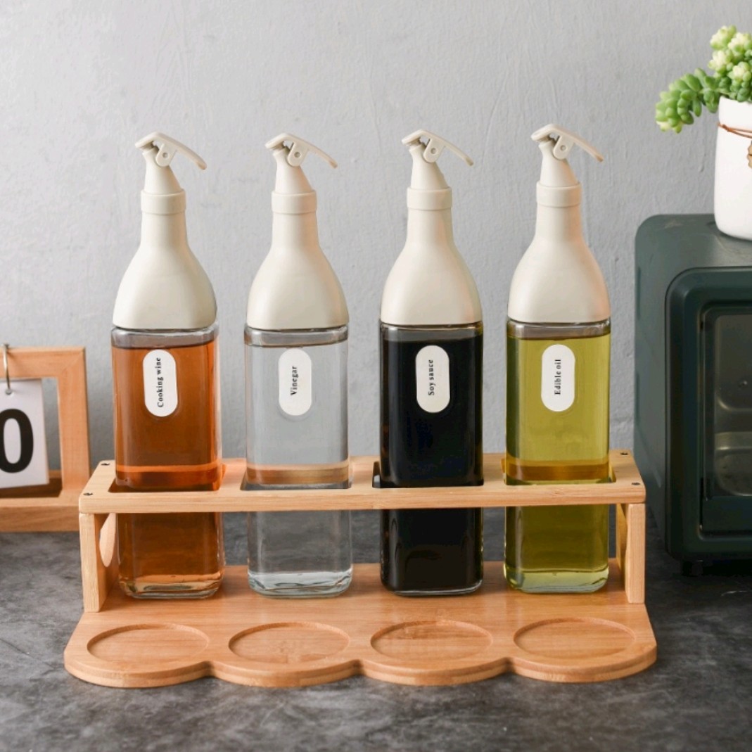 Cream Kitchen Glass Oil Bottle Seasoning Bottle Set with Wooden Rack ...