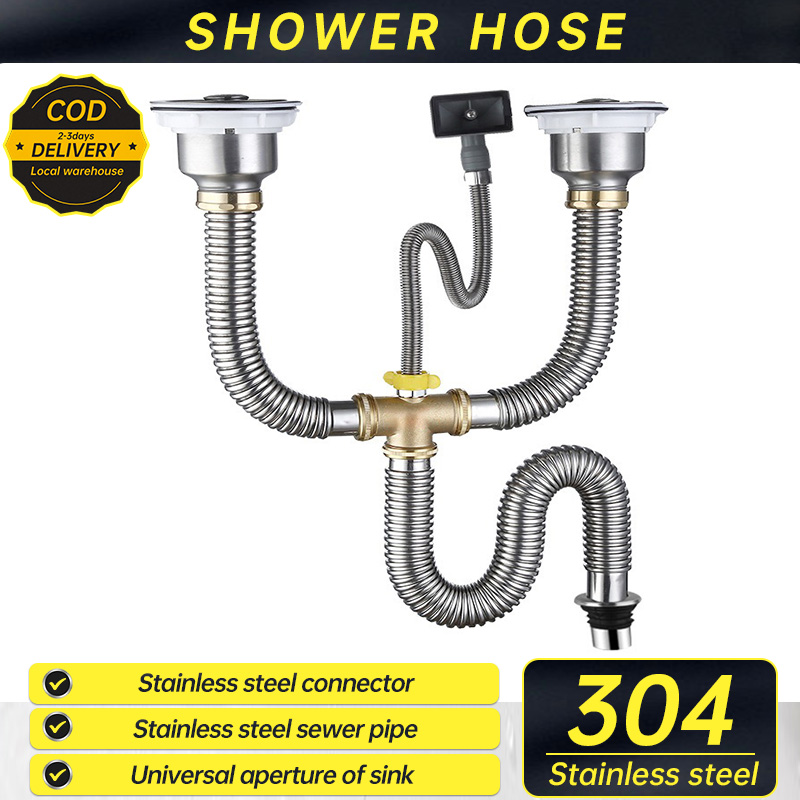 Kitchen Sink Drain Pipe 304 Stainless Steel Double-slot Drainer Prevent ...