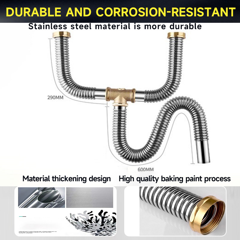 Kitchen Sink Drain Pipe 304 Stainless Steel Double-slot Drainer Prevent ...