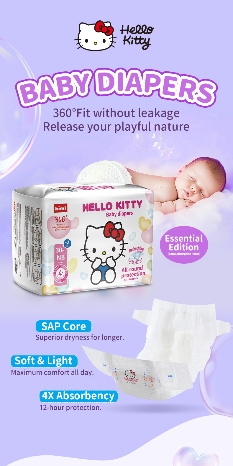 Kimi Hello Kitty Essential Baby Tape Diapers 30pcs – Ultra-Thin ...