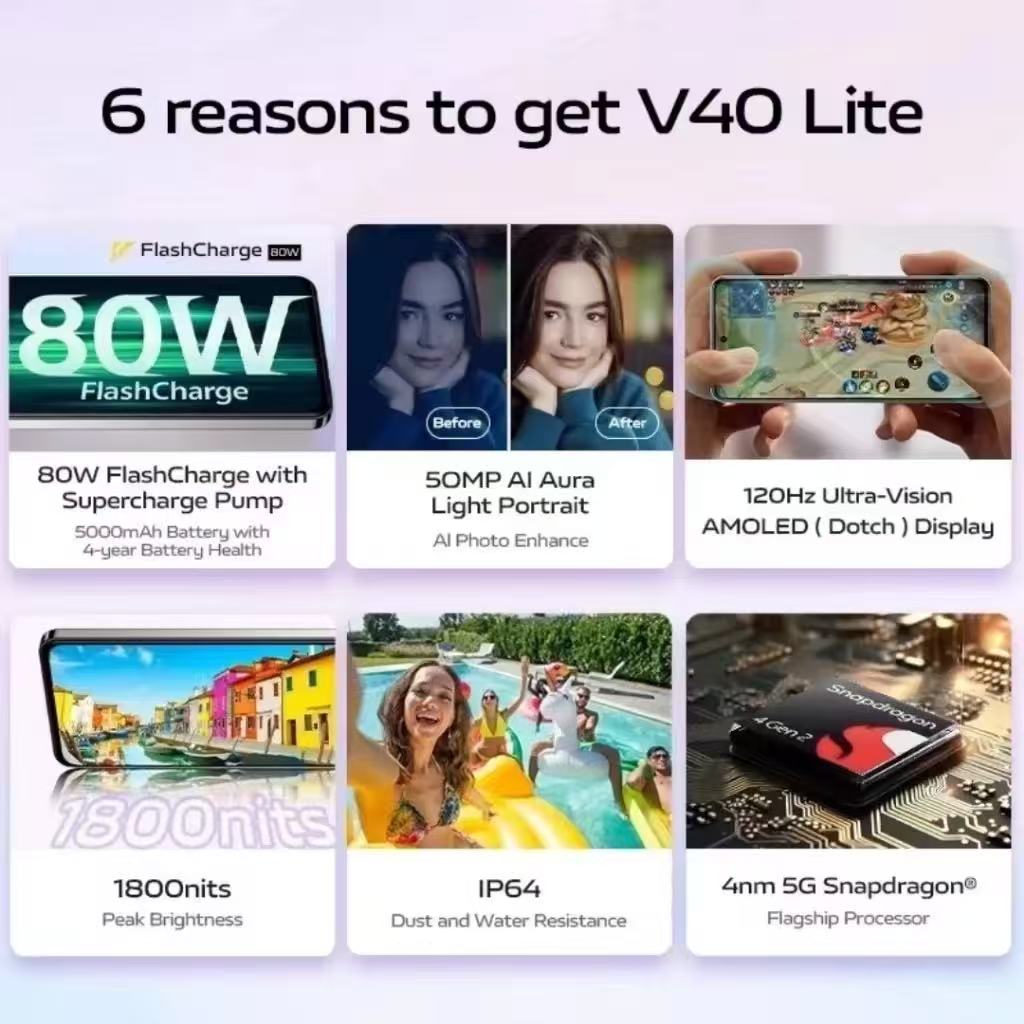 𝐕𝒊𝒗𝑜 V40 Lite 5G (8+256GB) | 6.67" AMOLED | 50MP AI Triple Cam | 5000mAh | 44W Fast Charging ...