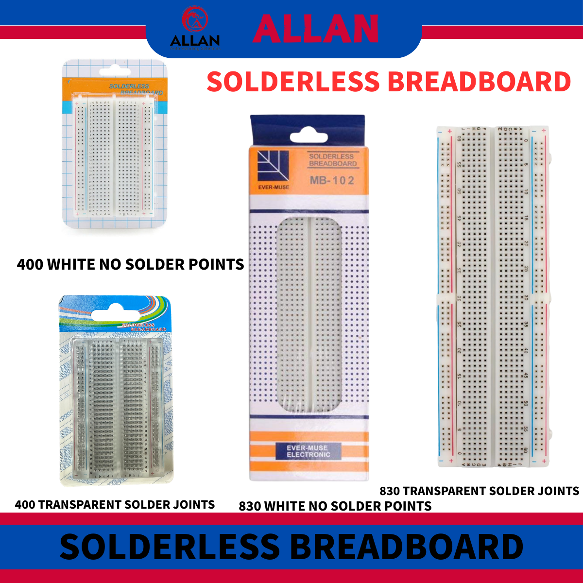 ALLAN Solderless Breadboard Solder Joints PCB Board Kit for Arduino ...