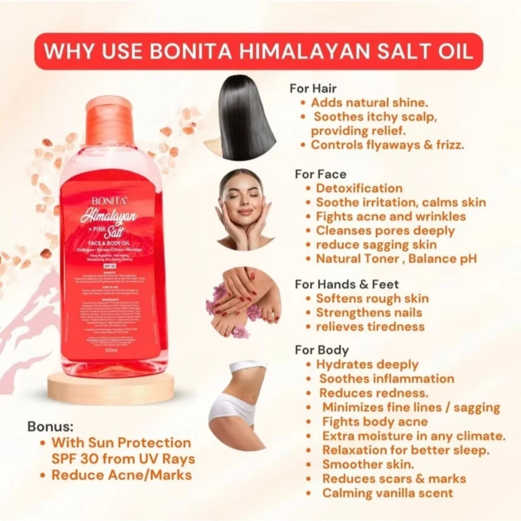 BUY1 GET1 BONITA Himalayan Pink Salt Face & Body Oil SPF30 UVA 100ml ...