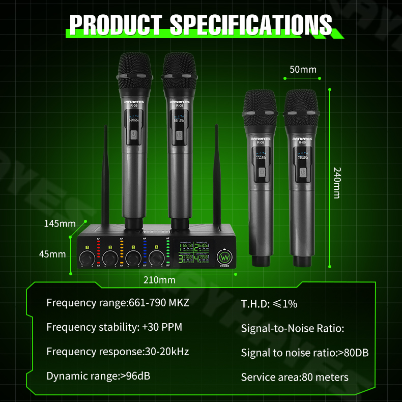 RAYHAYES R-09 Professional 4 Channel Wireless Microphone Rechargeable ...