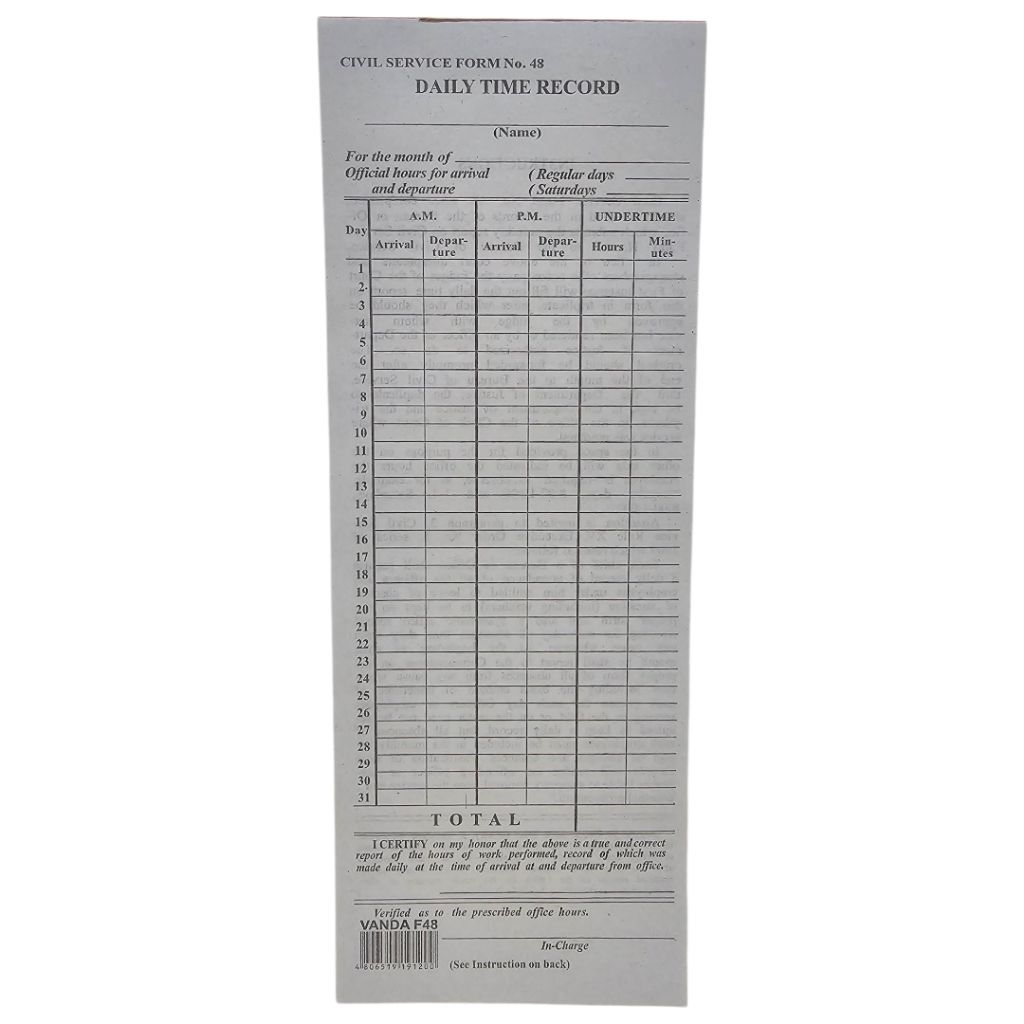 Daily Time Record Form 48 -Pad of 100 Sheets | Shopee Philippines