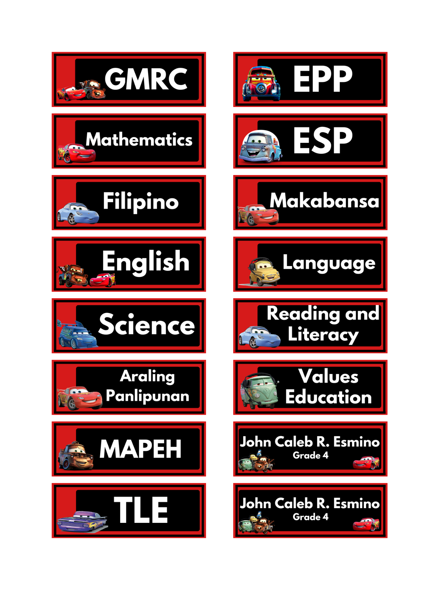 Cars Notebook Label Sticker Subjects and Name 16 pieces per sheet ...