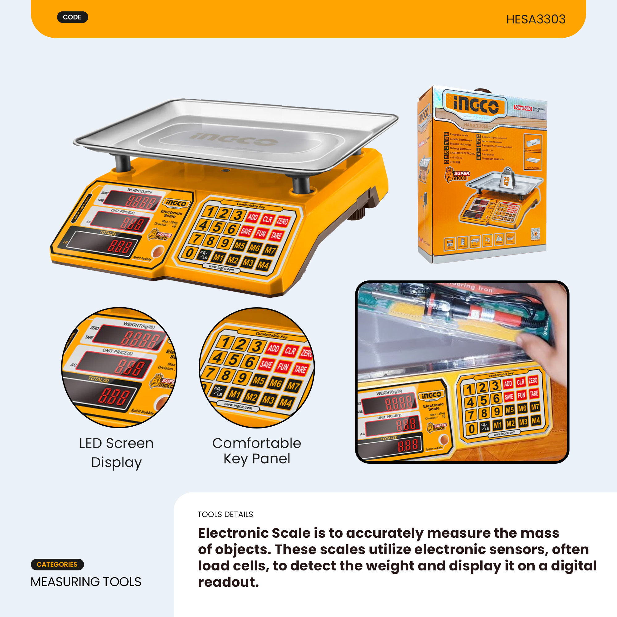 Ingco 30kg Electronic Scale 330x240mm with 2g Graduation, LED Screen ...
