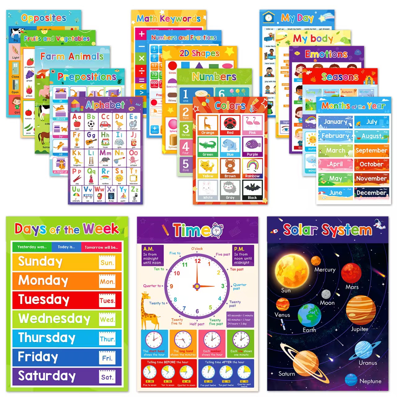 12PCS Chart For Kid Educational Set Wall Colors Numbers Alphabet Chart ...