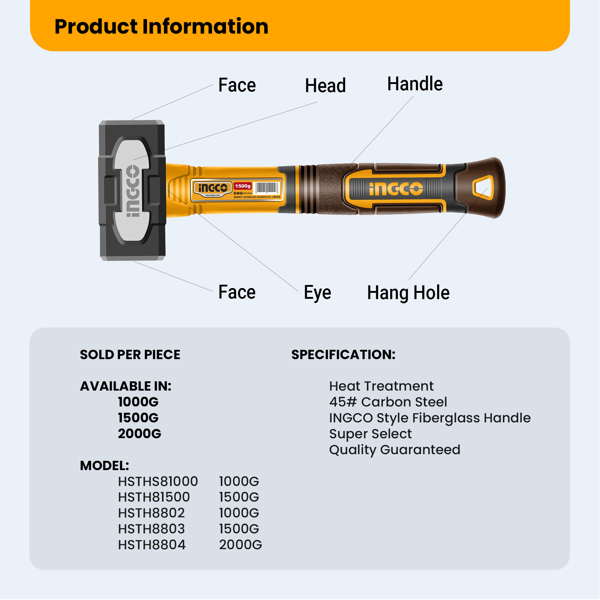 Ingco 1000g/1500g Heavy Duty Stoning Hammer Forged Stone Mason Hammer ...