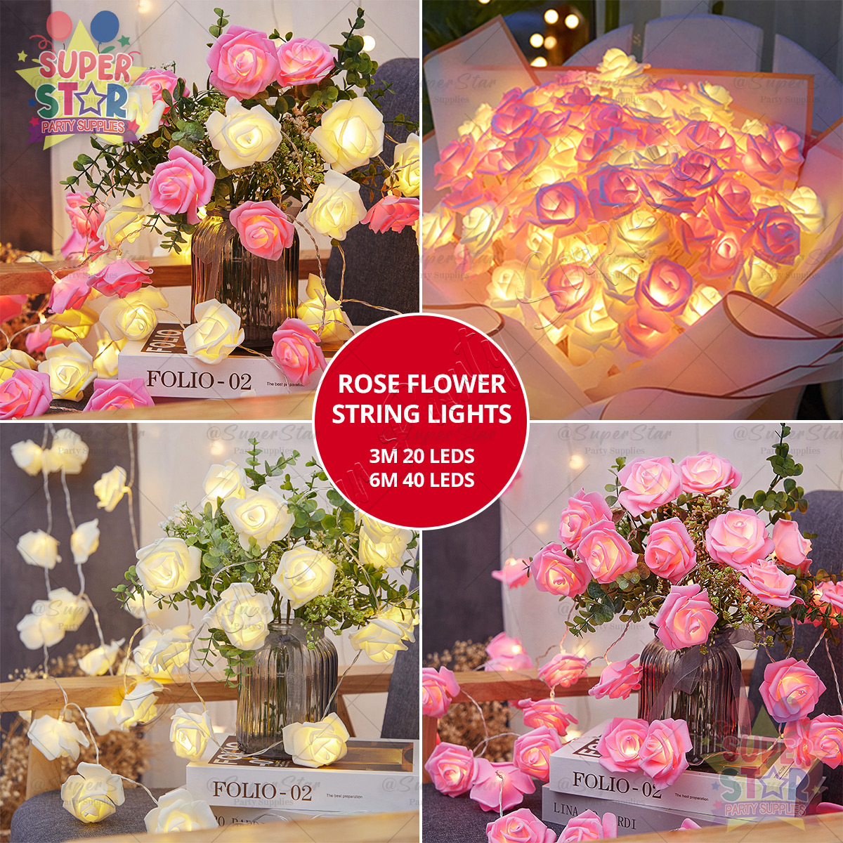 LED Light Flower Decoration Artificial Rose Flower String Lights ...