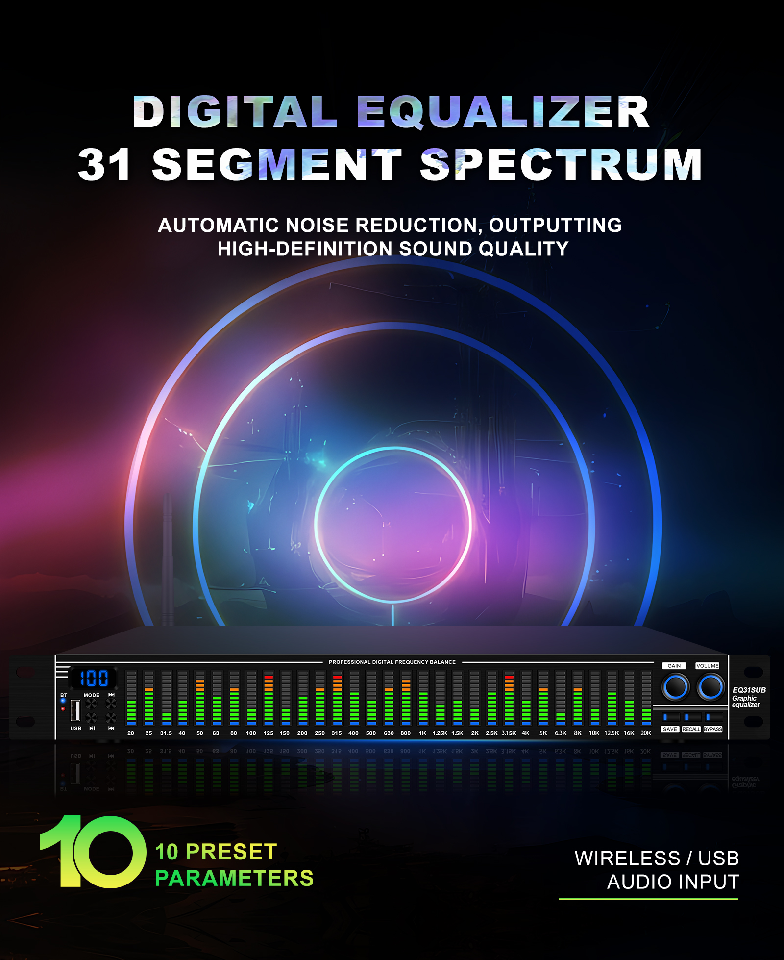 EQ31SUB Digital Equalizer 31 Stage Tuner Professional Stage Performance Noise Reduction Audio ...