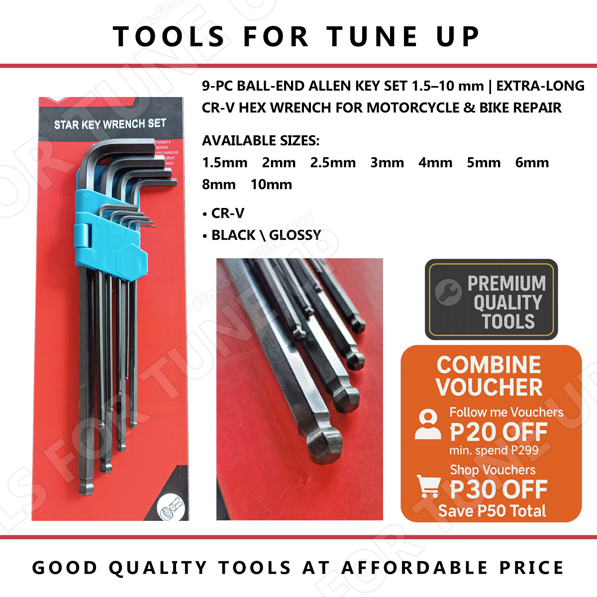 9-pc Ball-End Allen Key Set 1.5–10 mm | Extra-Long Cr-V Hex Wrench for ...