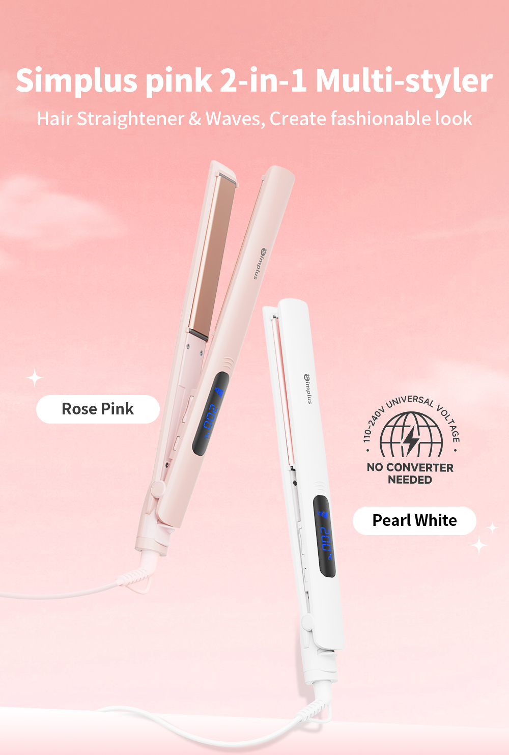 SimplusPink LCD Hair Straightener – 2 in 1 Flat Iron & Curler, 9 Temp ...