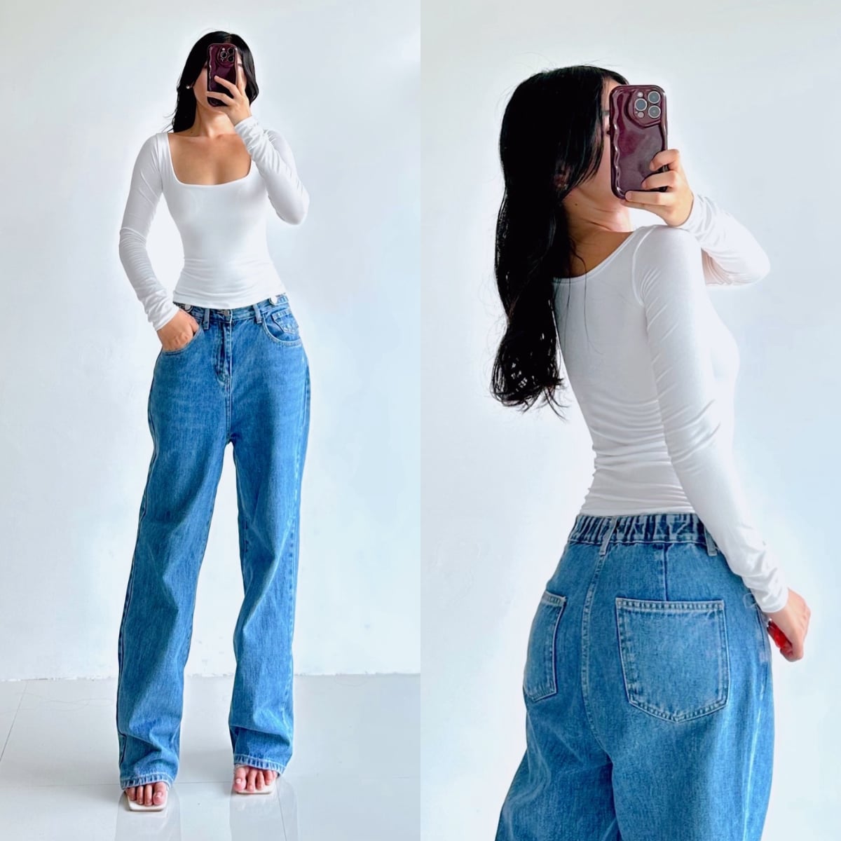 Buy 1 Take 1 Drea Squareneck Cotton Plain Longsleeve Top Minimalist ...