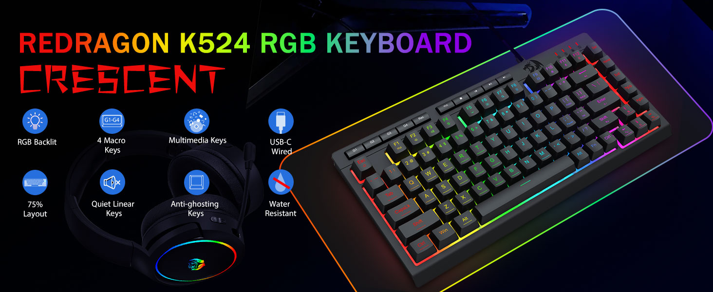 Redragon Crescent K524-RGB 75% Wired Gaming Keyboard With Macro Keys ...