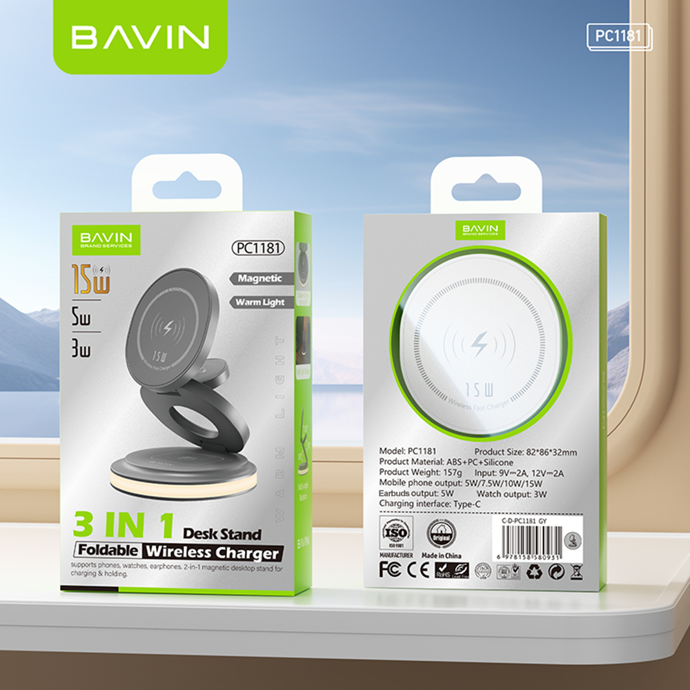 BAVIN PC1181 3in1 Magnetic 15W Wireless Charger Dock for Phone/Watch/Earbuds w/ Foldable Stand ...