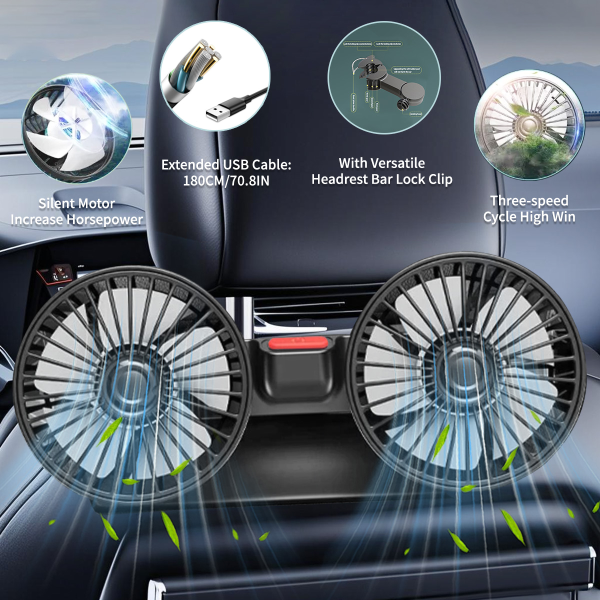 MELULO Car Rear Fan Double Head 360° Adjustable 3 Speed Fan Summer ...