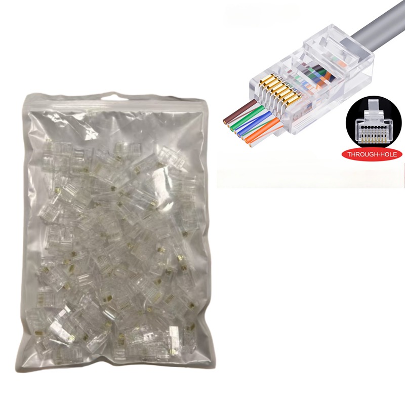 CAT5e Pass Through Connectors Crystal End Gold-Plated 8P8C UTP Ethernet ...