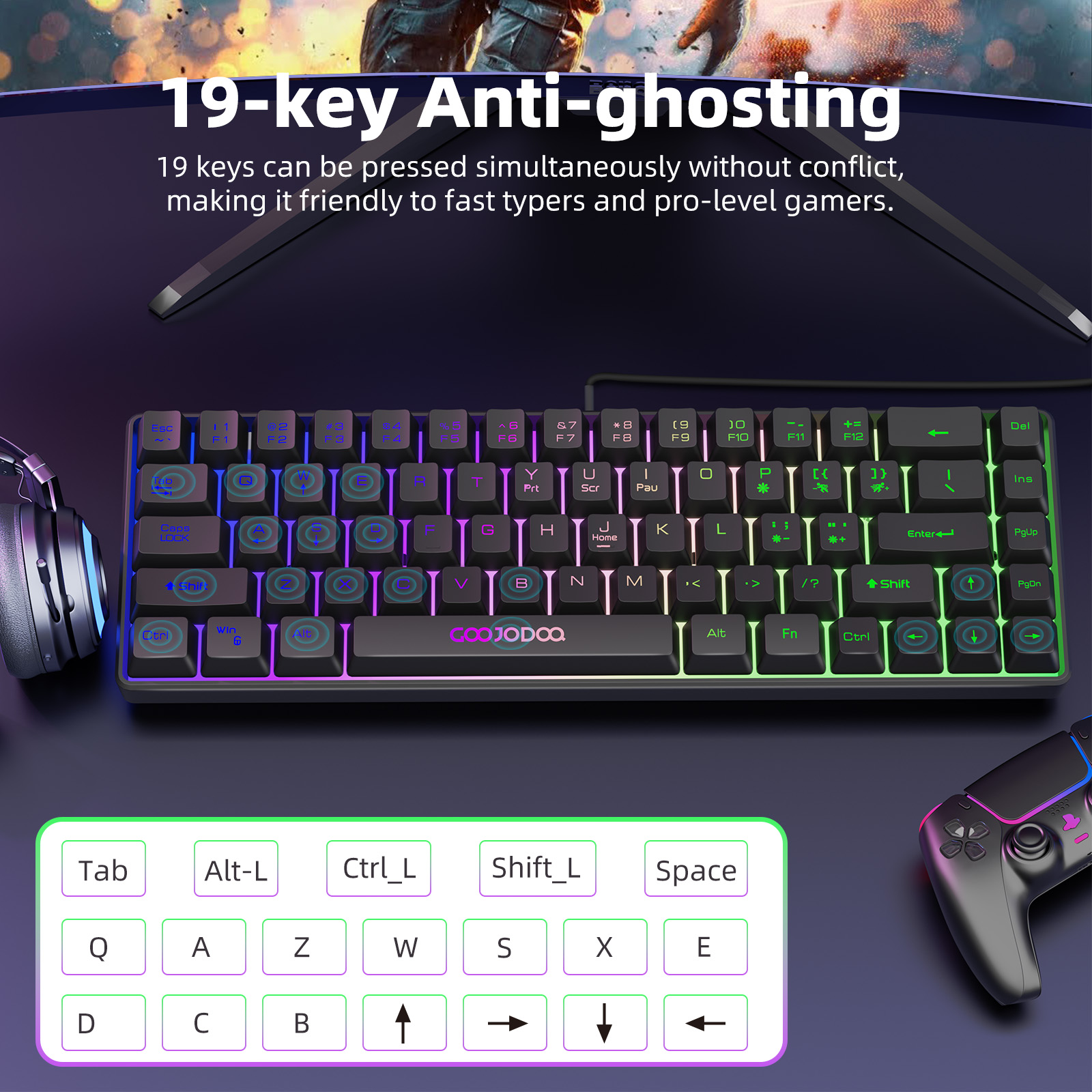 GOOJODOQ Wired Keyboard 68 Key Anti-slip Stablize Ergonomic Support ...