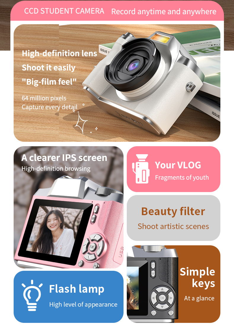 Digital Camera 4K HD 50MP Selfie Portable Mini Photography Cameras With ...