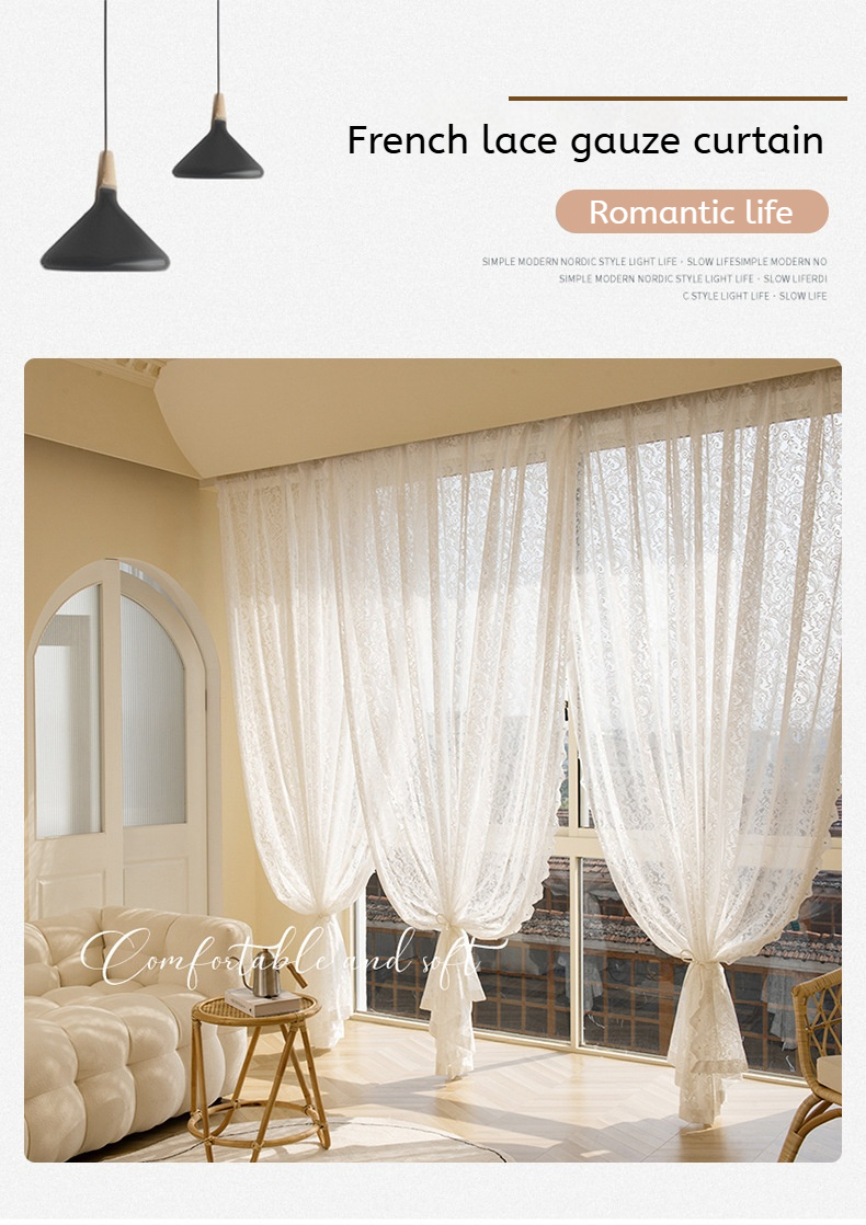 French Cream Aesthetic Sheer Curtain Sale Window Deaded Lace Window ...