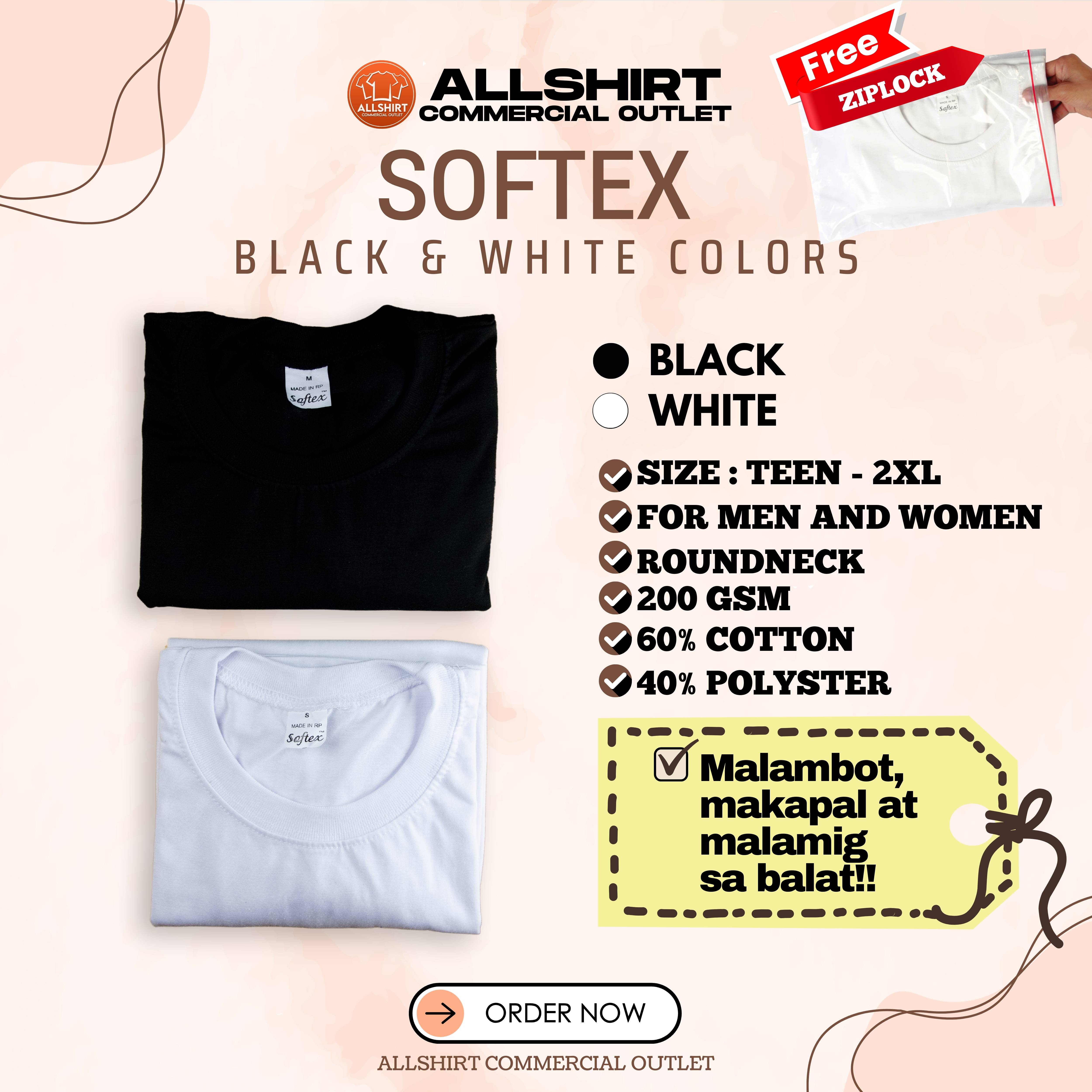 FREE ZIPLOCK! SOFTEX T-Shirt BLACK & WHITE Round Neck Plain Shirt ...