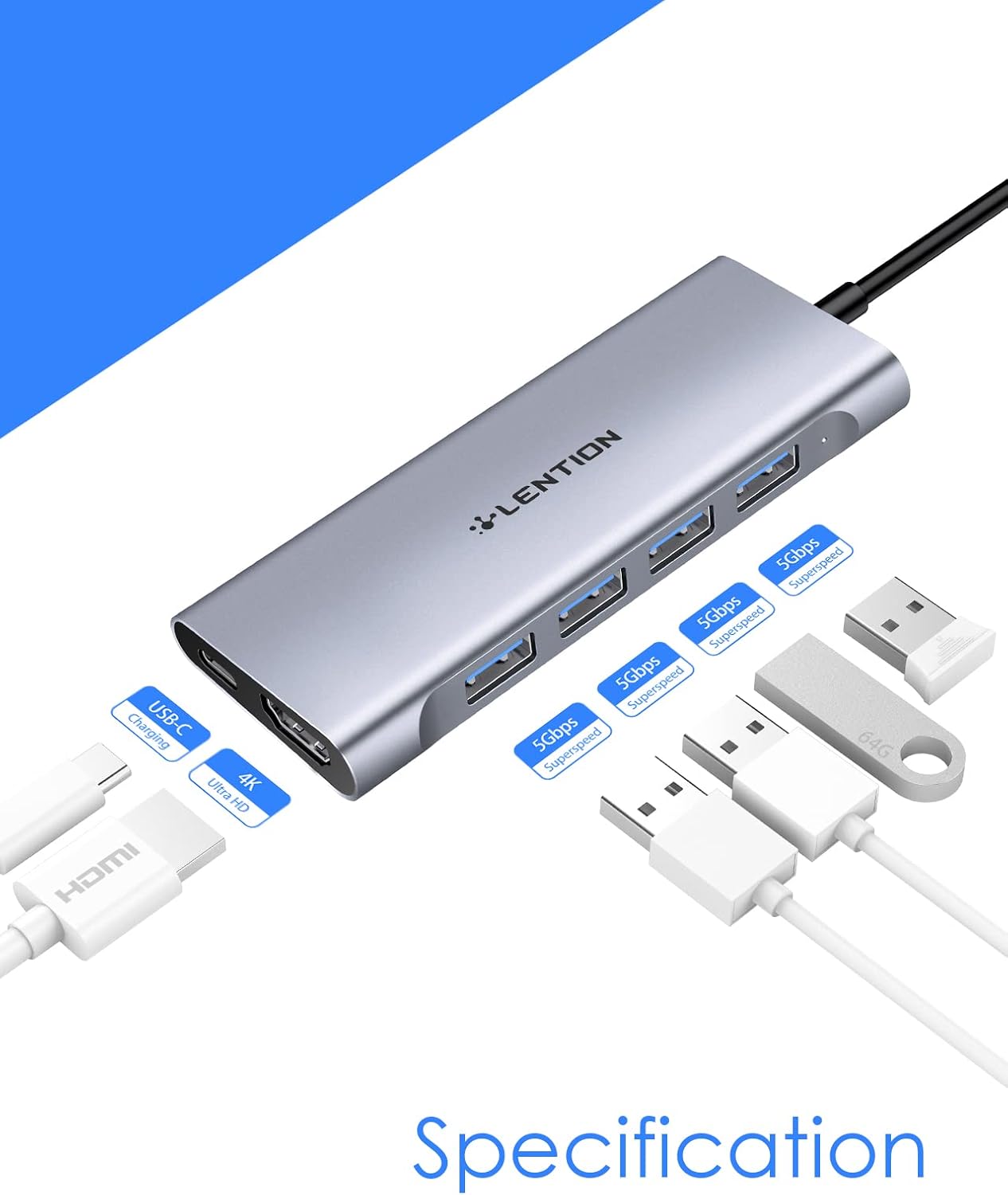 LENTION C35 6-in-1 USB-C Multi-Port Hub with 4K HDMI Output, 100W PD, 4 ...