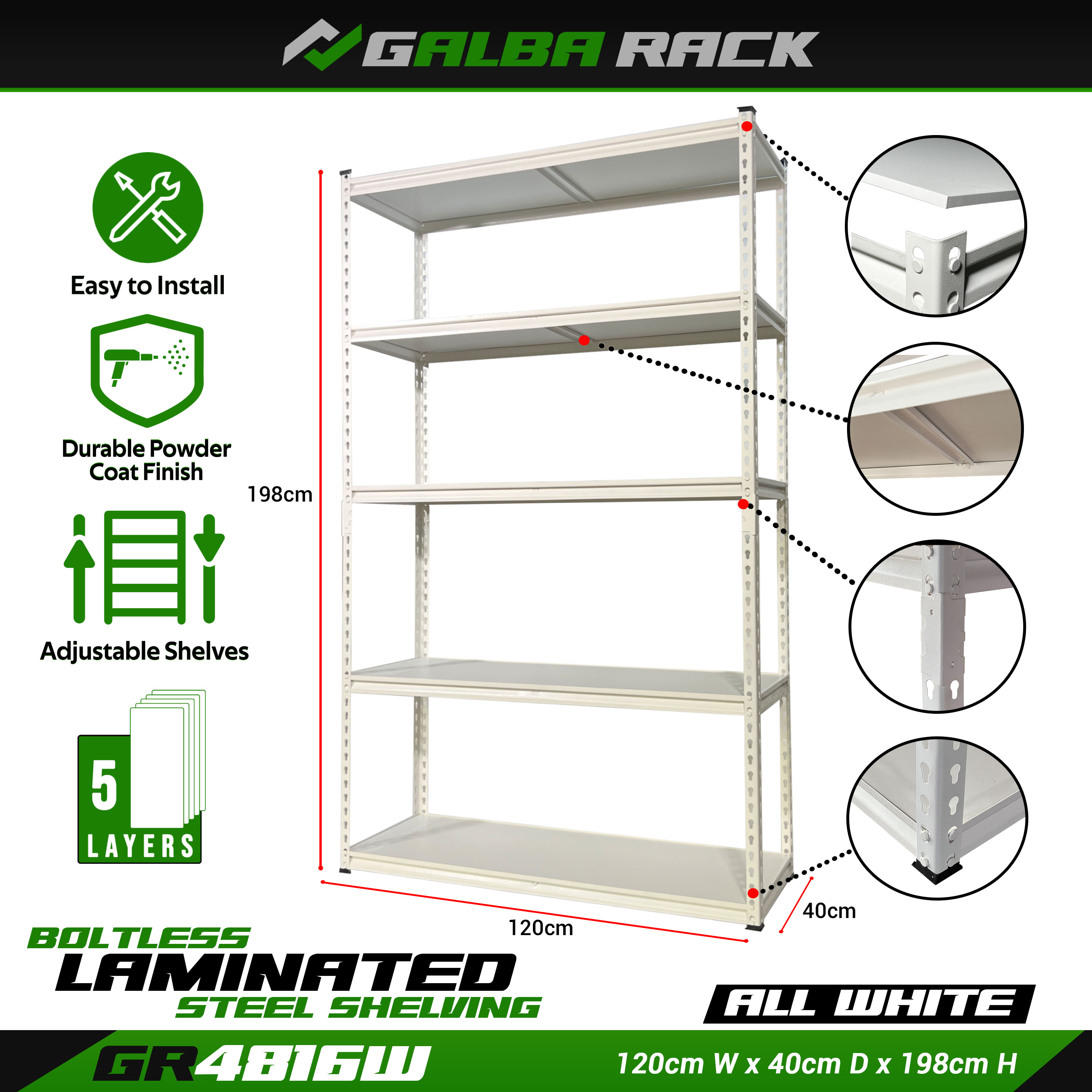 GALBA RACK Boltless Laminated Steel Shelving Adjustable Storage (5 ...