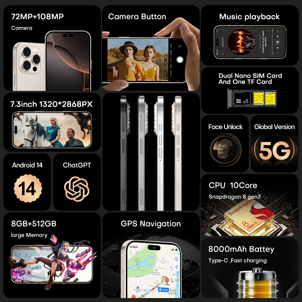 i16 Pro Phone Original Smartphone 16GB+512GB genuine Android 12 ...