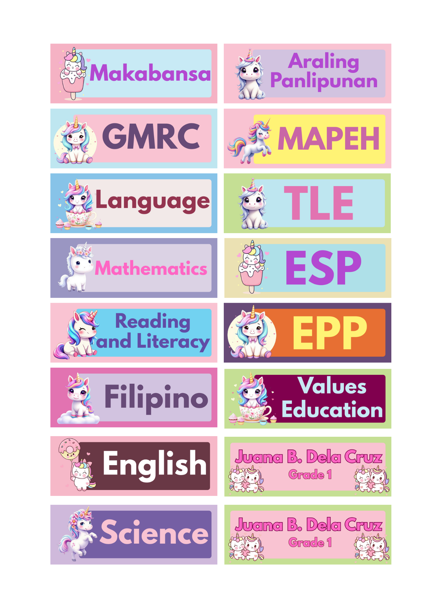 Unicorn 2 Design Subject Label Notebook Sticker 16 pieces per pack ...
