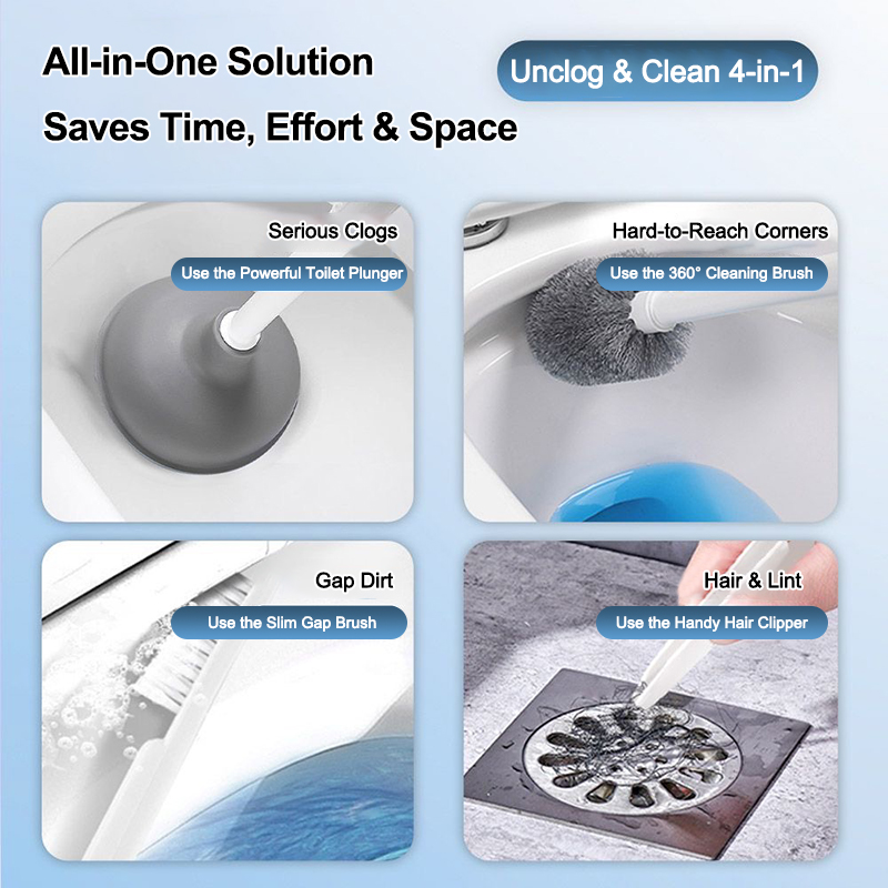 4 in 1 Brush for Bathroom Cleaning with Toilet Brush Plunger Hair ...