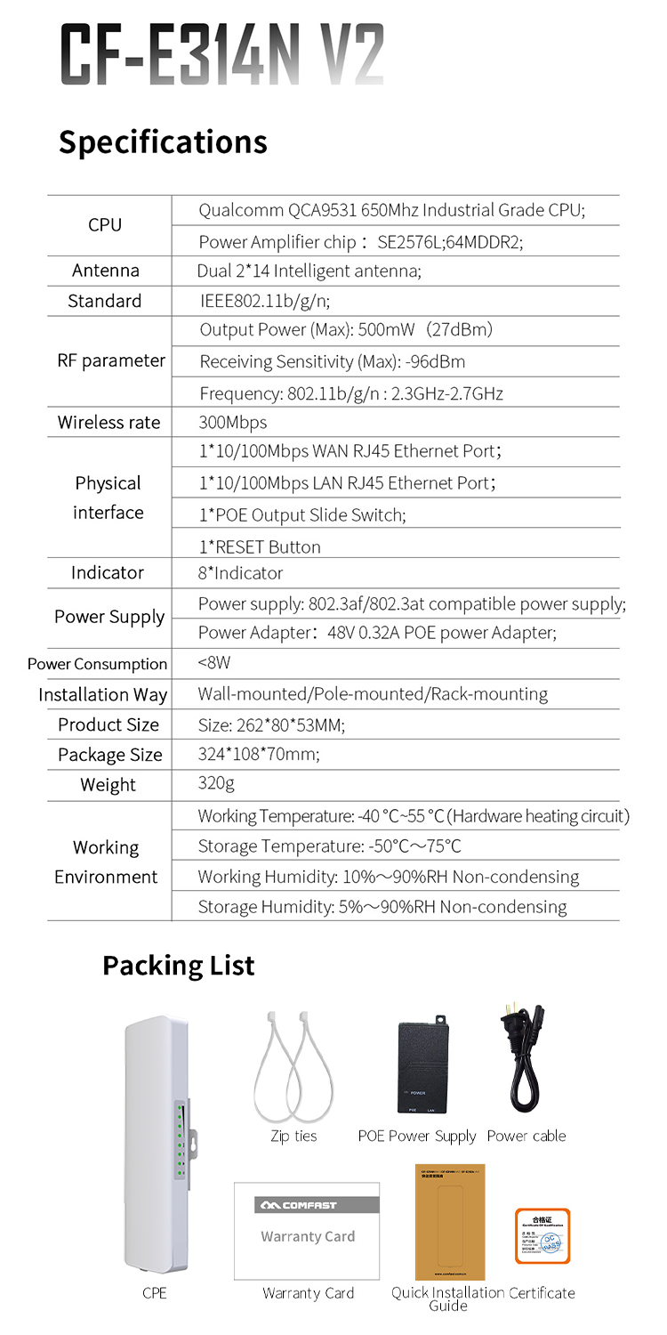 COMFAST CF-E314N V2 300Mbps Wireless Outdoor CPE Wifi Bridge 2.4Ghz ...