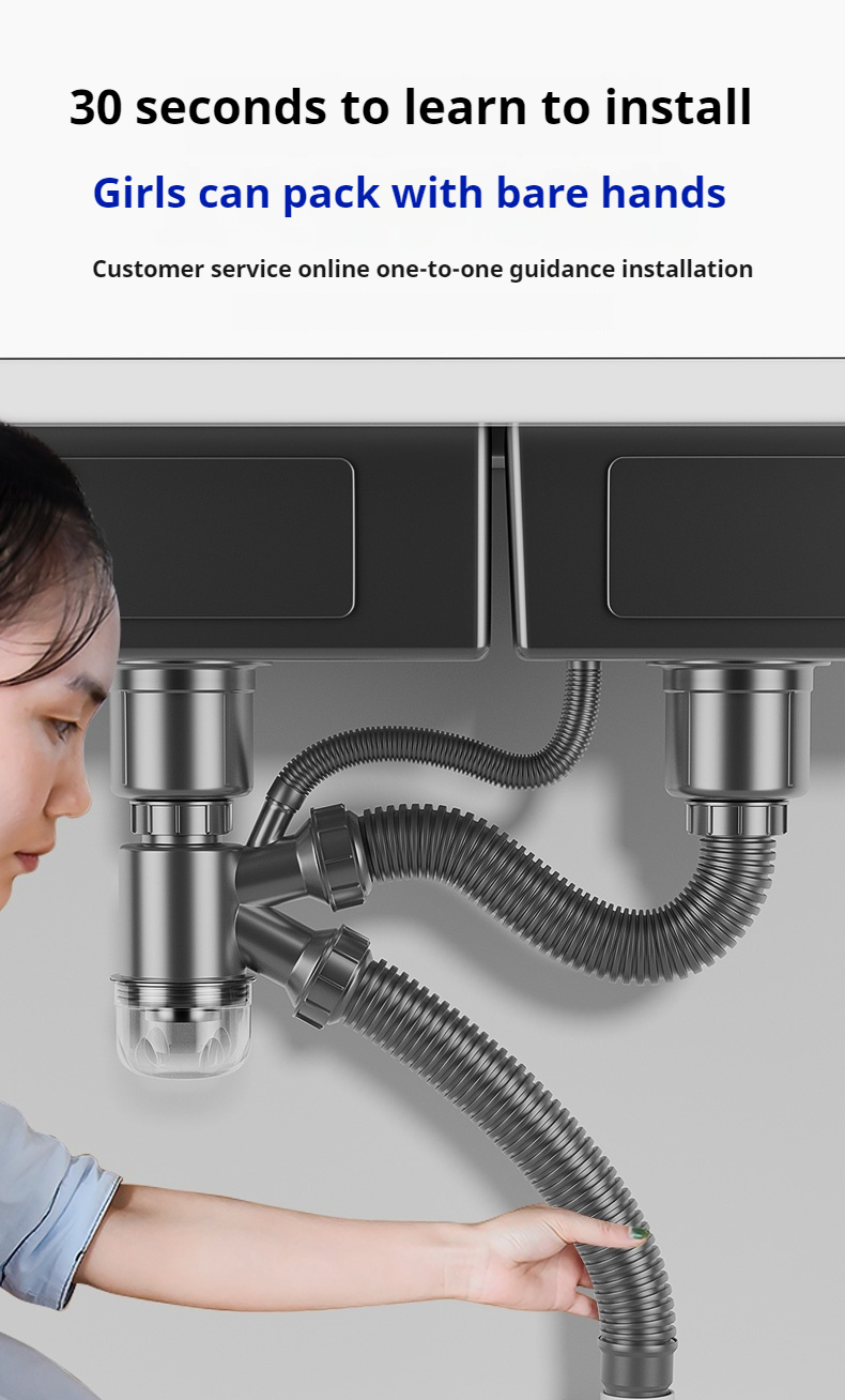 sus304 Sink Drainer P Trap Set Pipe Accessory Double Sink Drain Pipe ...