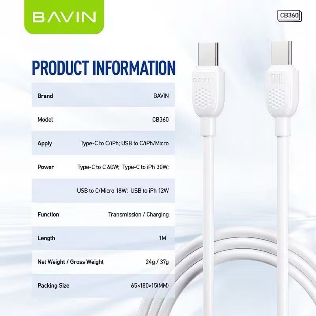 BAVIN CB360 60W Fast Charging Type-C to Type-C Cable 480Mbps Data ...