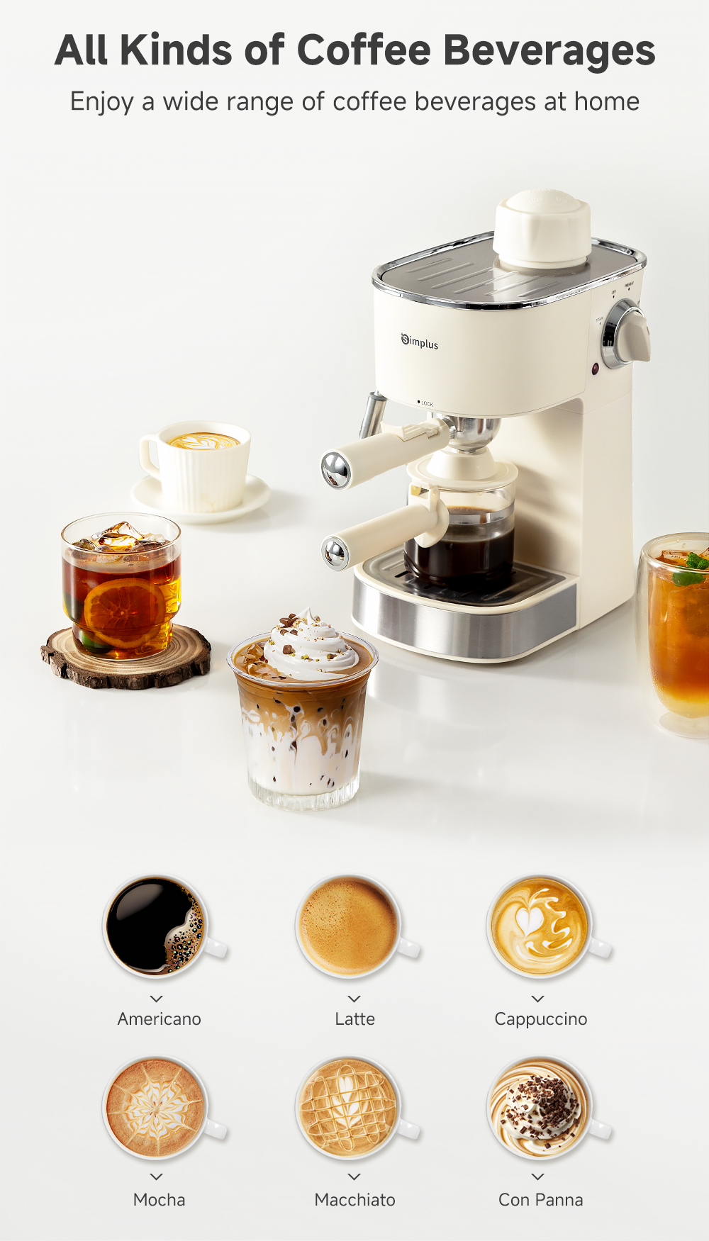 Simplus Coffee Machine Semi-Automatic Espresso Maker Steam Frothing ...