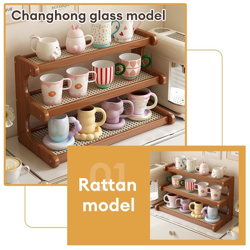 Wooden Double-Layer Table Shelf Rattan Storage Rack oStorage Rack ...