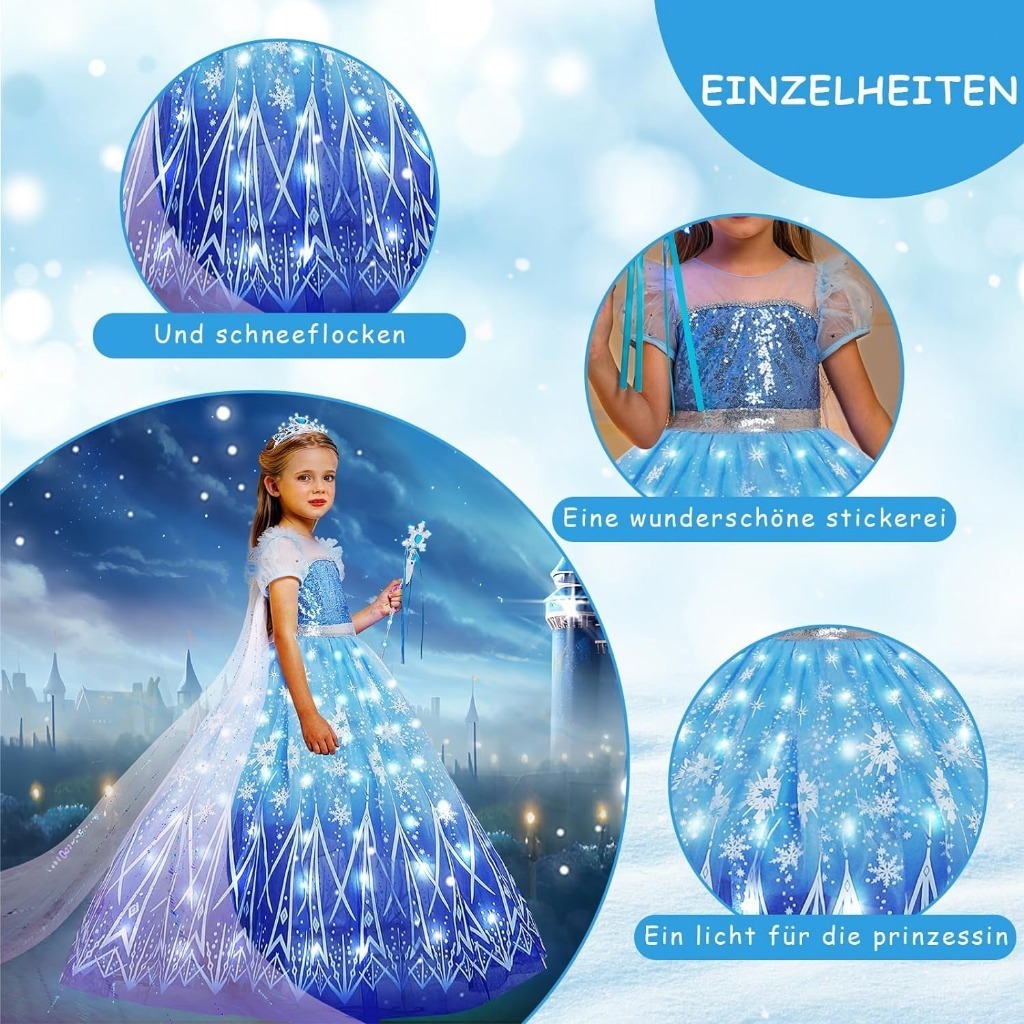 Disney Ice Princess Dress Costume for Kids Girls with Led Light Up for ...