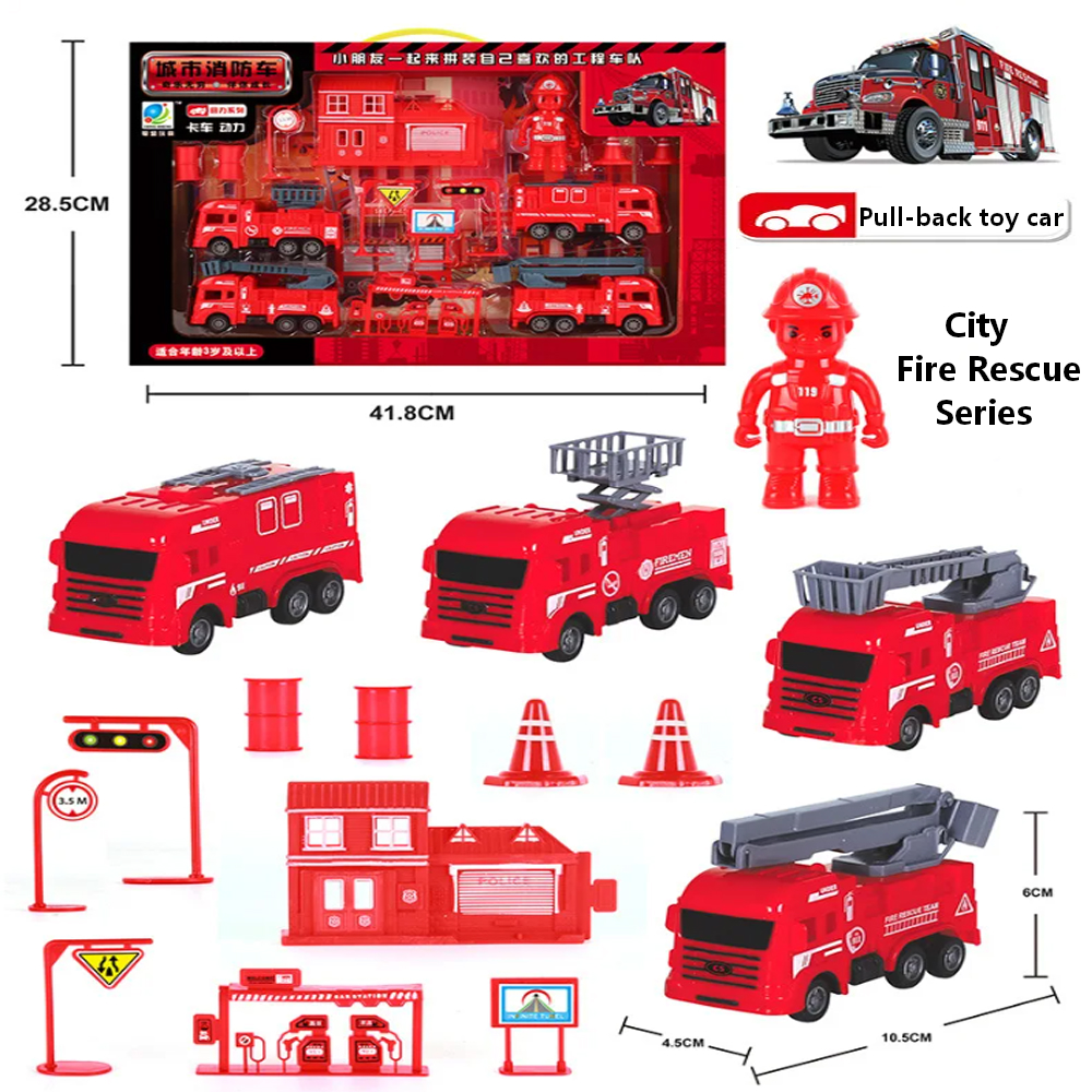 Large Size Engineering Toy Car Set Fire Truck Model Inertia Return Car ...