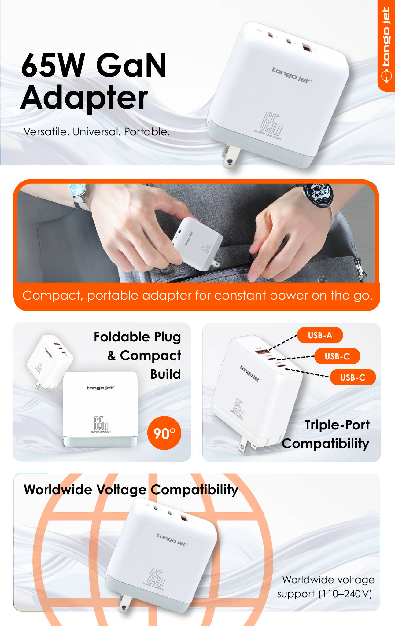 Tango Jet 65W GaN Adapter | 3 Port USB C Adapter | Fast Charging Power ...