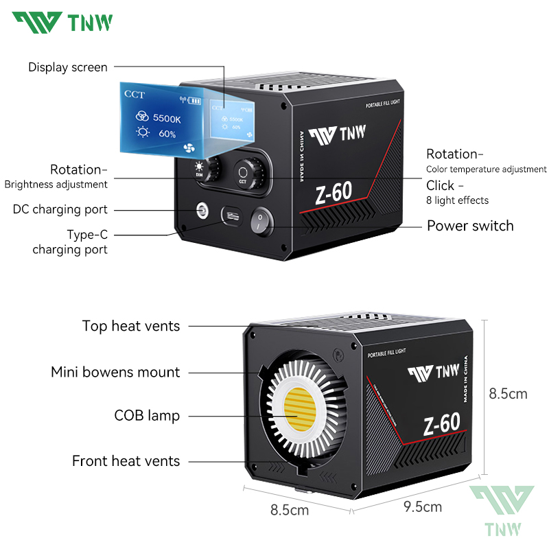 TNW Z60 LED Video Light 60W Handle Photography Light 2800K-6500K ...