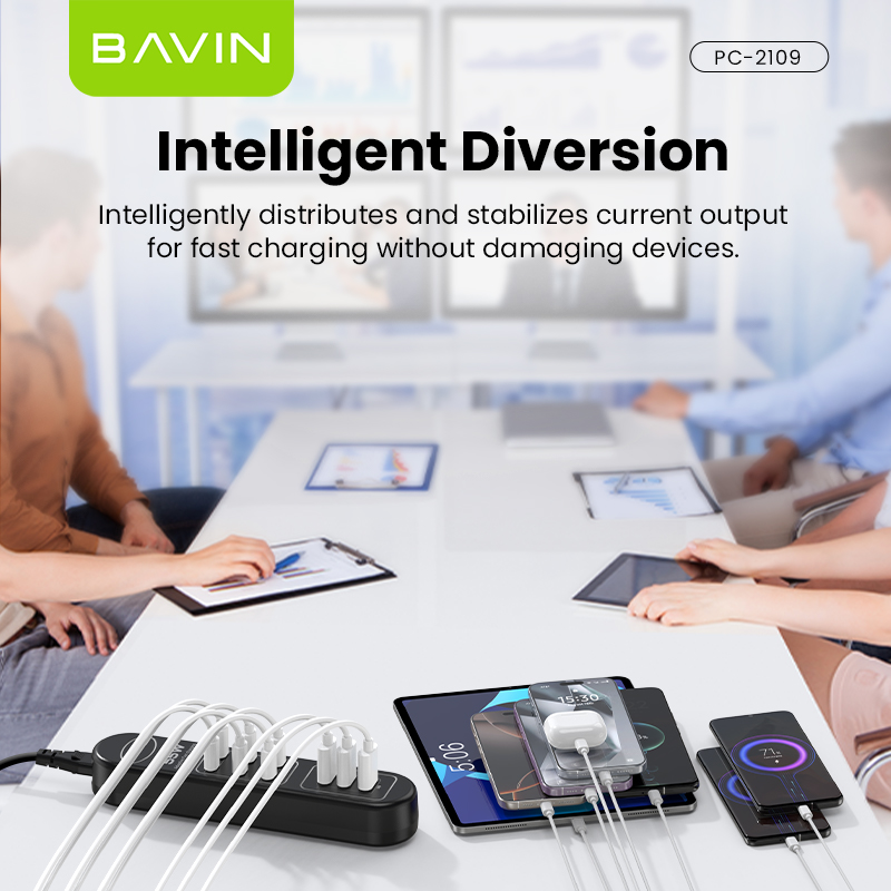 BAVIN PC2109 55W 9-Ports USB Charging Station HUB Fast Charger w/ PD 20W, Type-C & USB-A Smart ...