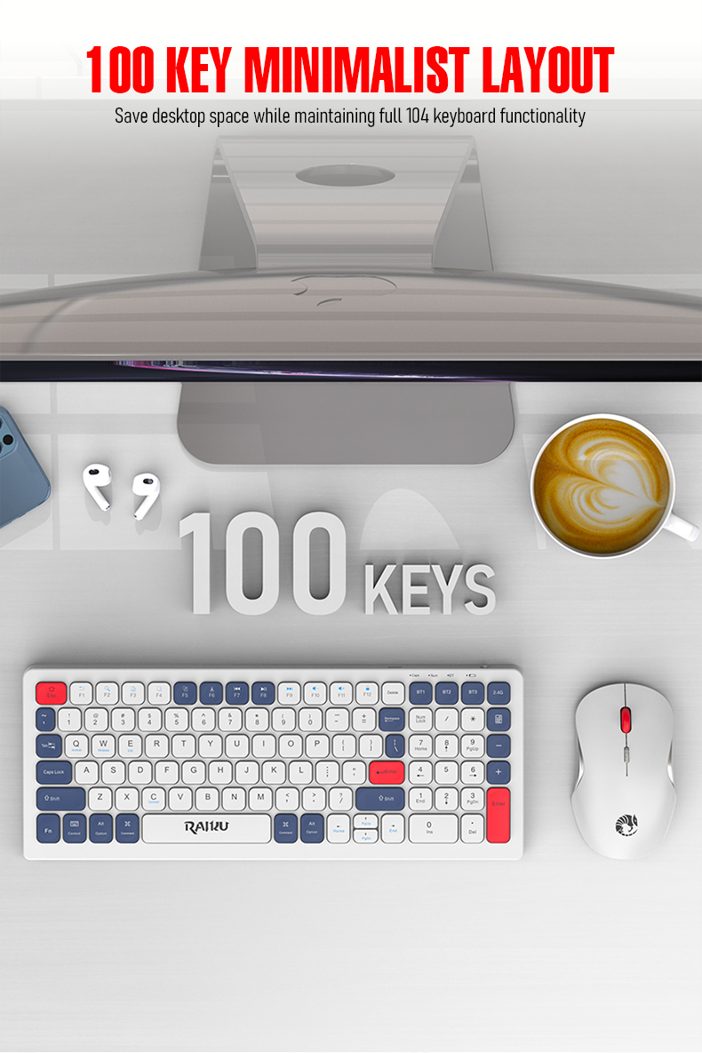 Raiku R906 Wireless Keyboard Mouse Set - 2.4G/BT Scissor Keys 100 Keys ...